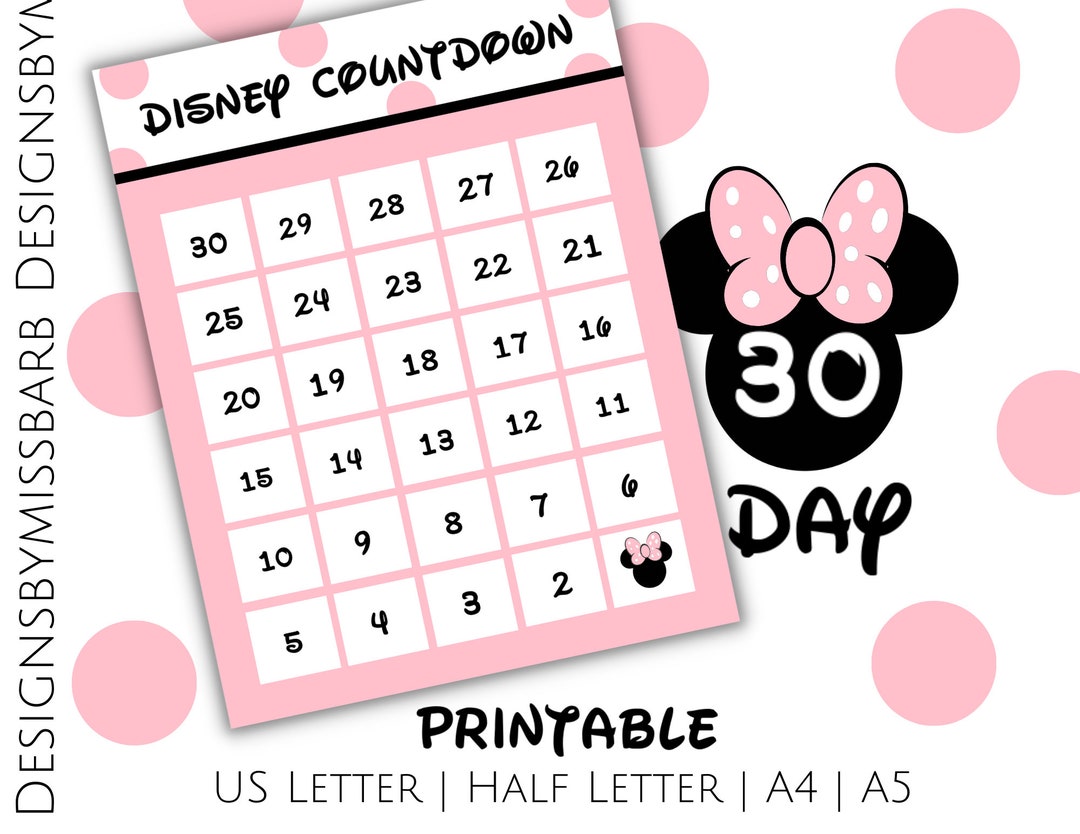 30 Day Vacation Countdown Printable, Pink Minnie Inspiration, 30 Days ...