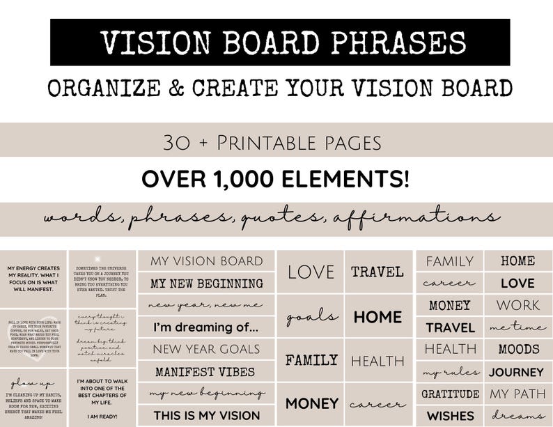 Vision Board Words Phrases and Affirmations Printable Kit for Creating ...