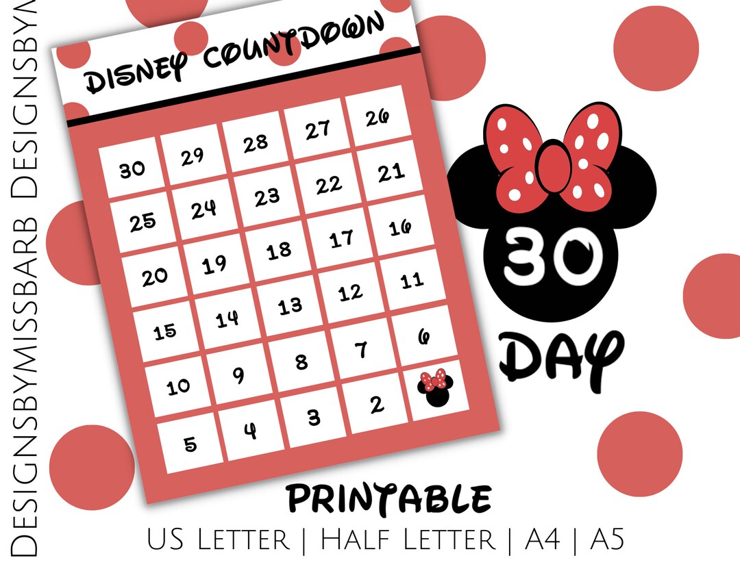 Minnie 30 Day Printable Vacation Countdown, Vacation Countdown Size US ...