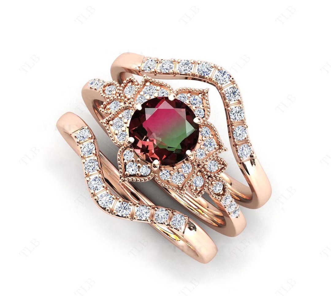 Watermelon Tourmaline Floral Engagement Ring Set Vintage 3pce Wedding ...