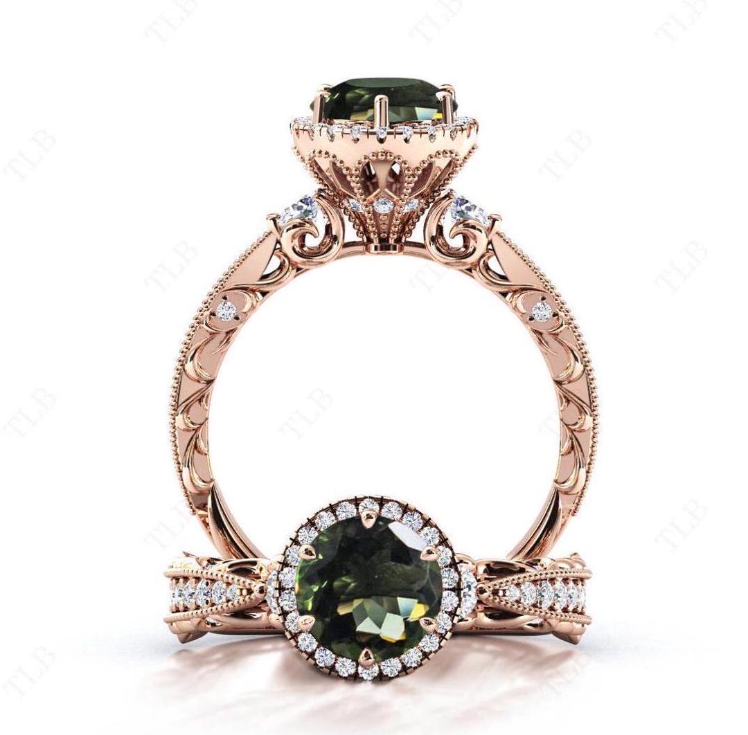 14k Gold Moldavite Engagement Ring for Women Halo Ring Unique Moldavite ...