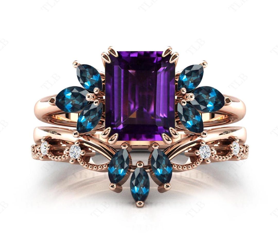 Art Deco Amethyst Engagement Ring Set for Women 14k Gold Amethyst ...