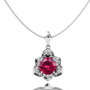 Art Deco Ruby Floral Necklace for Women Unique Wedding Pendant 925 ...