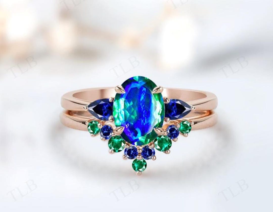 Vintage Peacock Quartz Wedding Ring Set for Women Unique Engagement ...