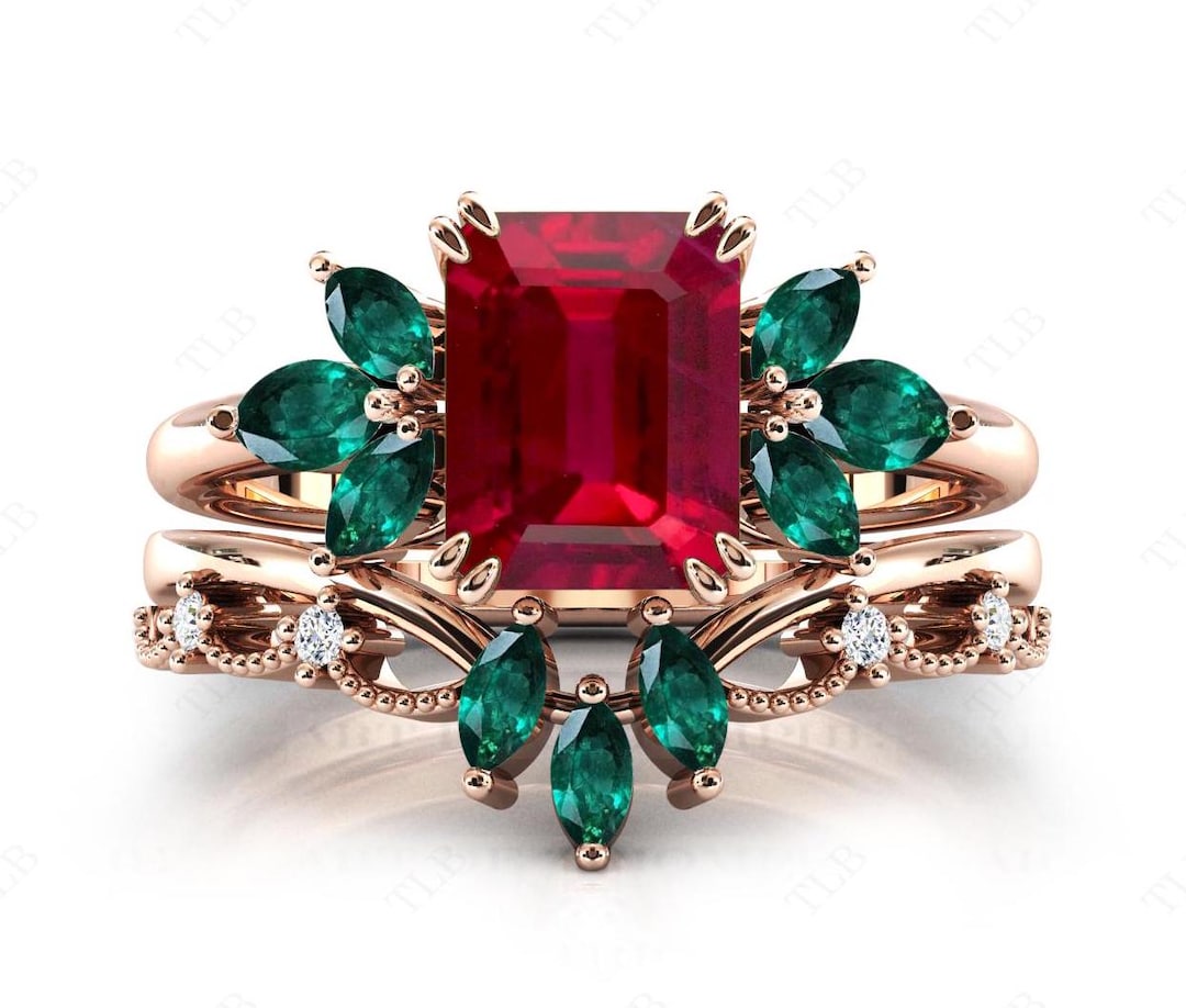 Vintage Emerald Cut Ruby Wedding Ring Set for Women 14k Gold Ruby 2 ...