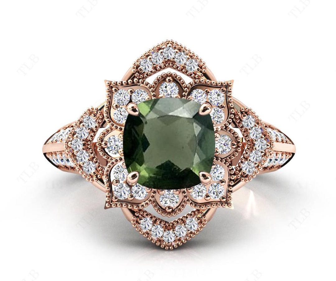 Moldavite Gemstone Ring for Women Art Deco Moldavite Floral Ring ...