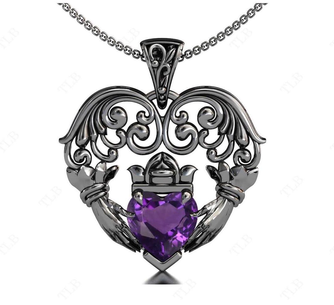 Heart Shaped Amethyst Pendant for Women Claddagh Pendant Art Deco ...