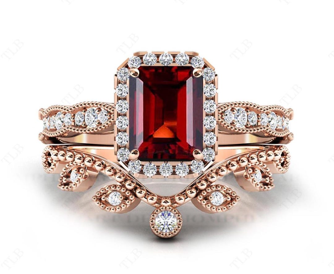 14k Gold Garnet Wedding Ring Set Emerald Cut Garnet Engagement Ring Set ...