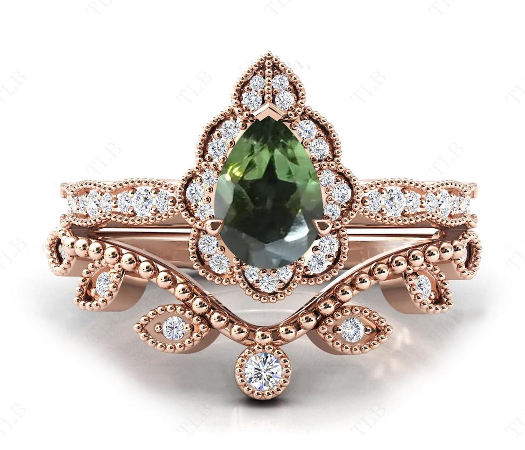 Art Deco Pear Cut Moldavite Engagement Ring Set 925 Silver Moldavite ...