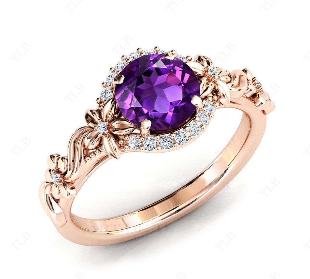 Art Deco Amethyst Wedding Ring Unique Floral Leaf Engagement Ring 14k ...