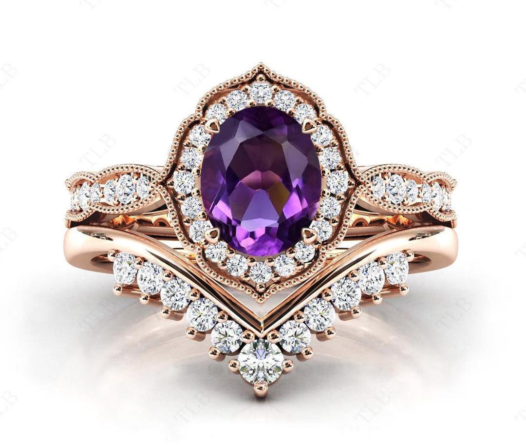 14k Gold Amethyst Halo Wedding Ring Set Art Deco Oval Cut Amethyst ...