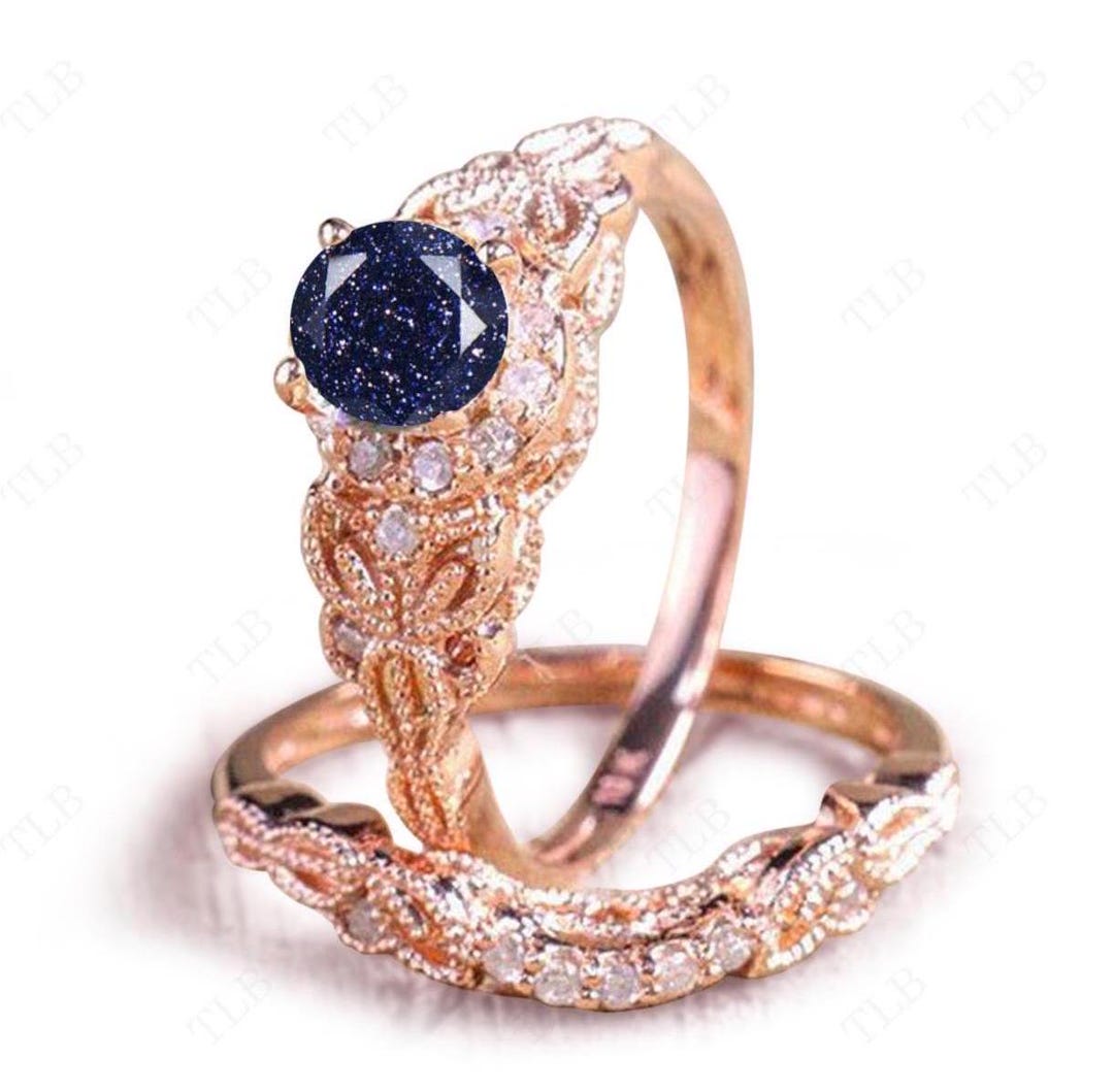 Blue Sandstone Wedding Ring Set for Women Antique Floral Ring Set Art ...