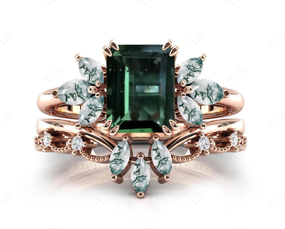 Art Deco Emerald Cut Moldavite Wedding Ring Set 925 Silver Moldavite ...