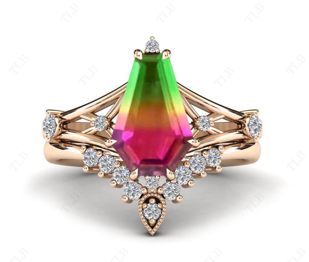 Watermelon Tourmaline Engagement Ring Set Vintage Coffin Shaped Multi ...