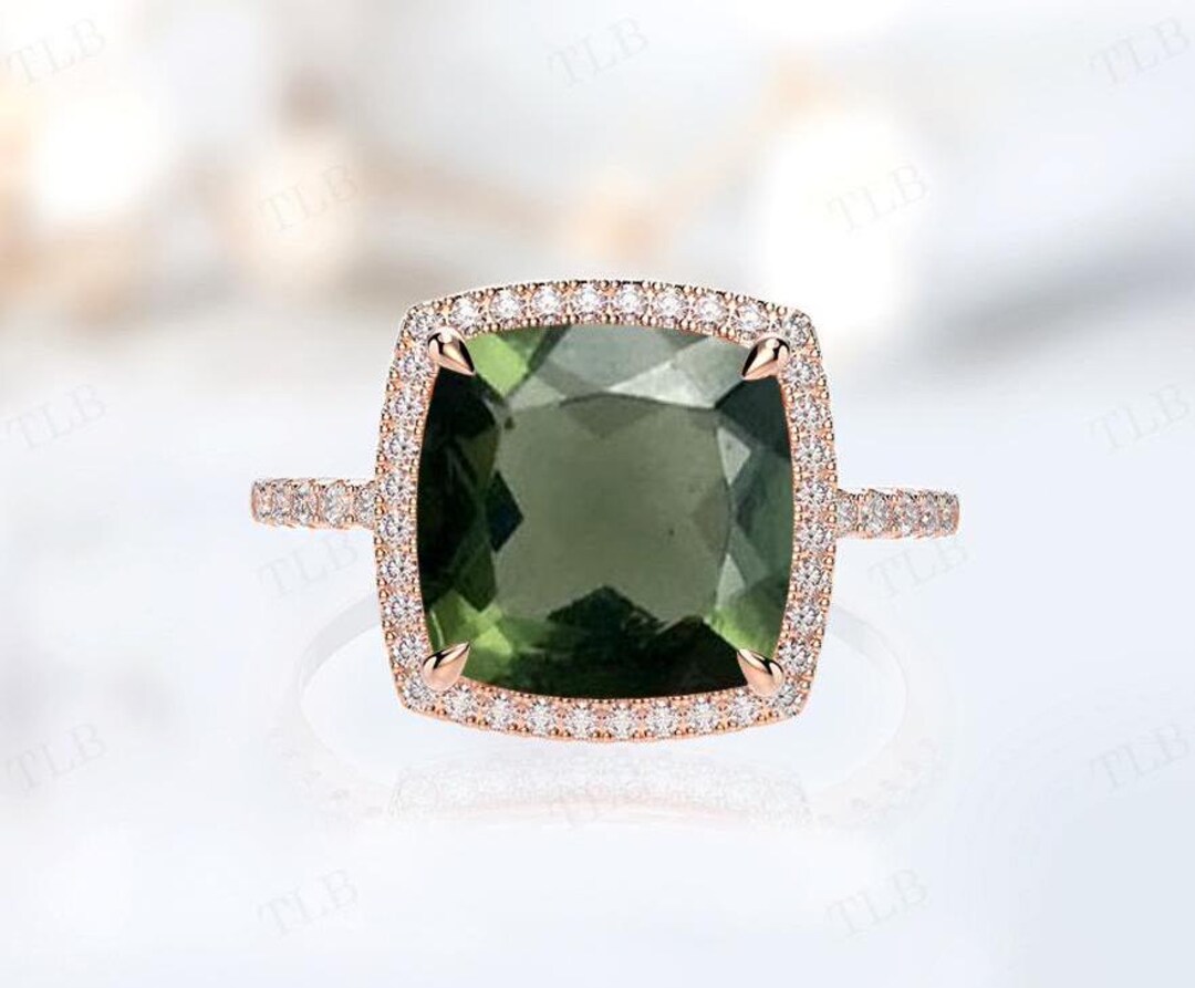 3.5ct Vintage Moldavite Engagement Ring 925 Silver Moldavite Halo ...