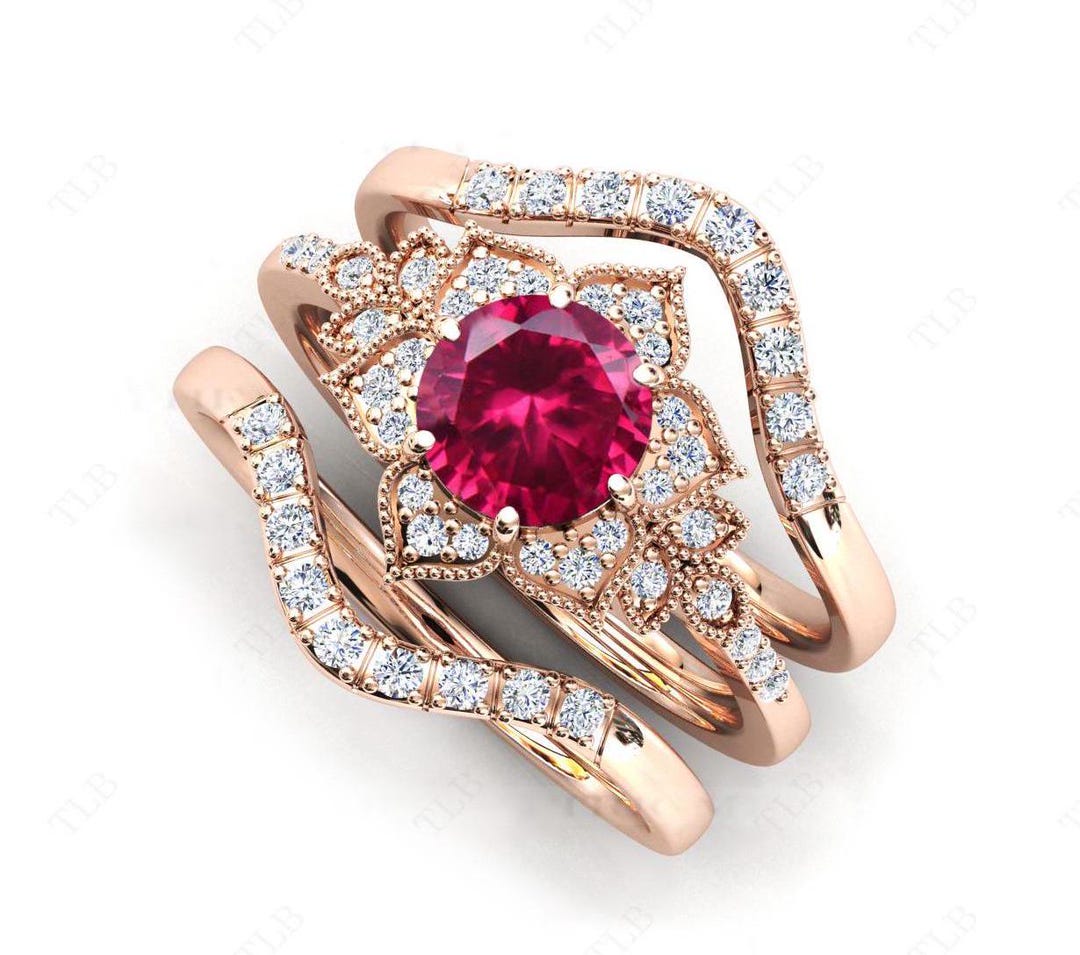 Vintage Ruby Wedding Ring Set 14k Gold Ruby Engagement Ring Set 925 ...