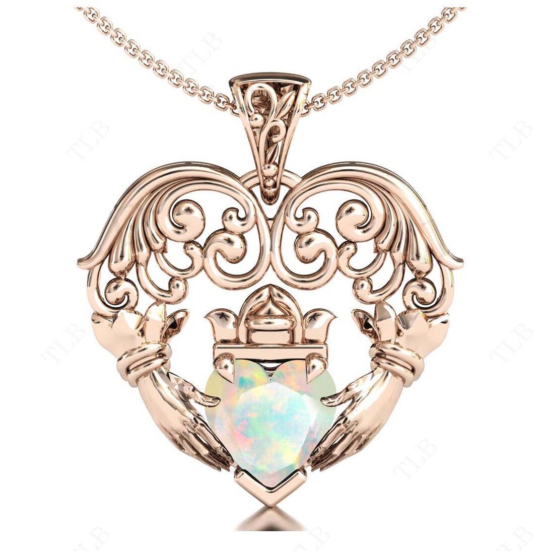 Unique Claddagh Opal Pendant for Women Rose Gold Filigree Design ...