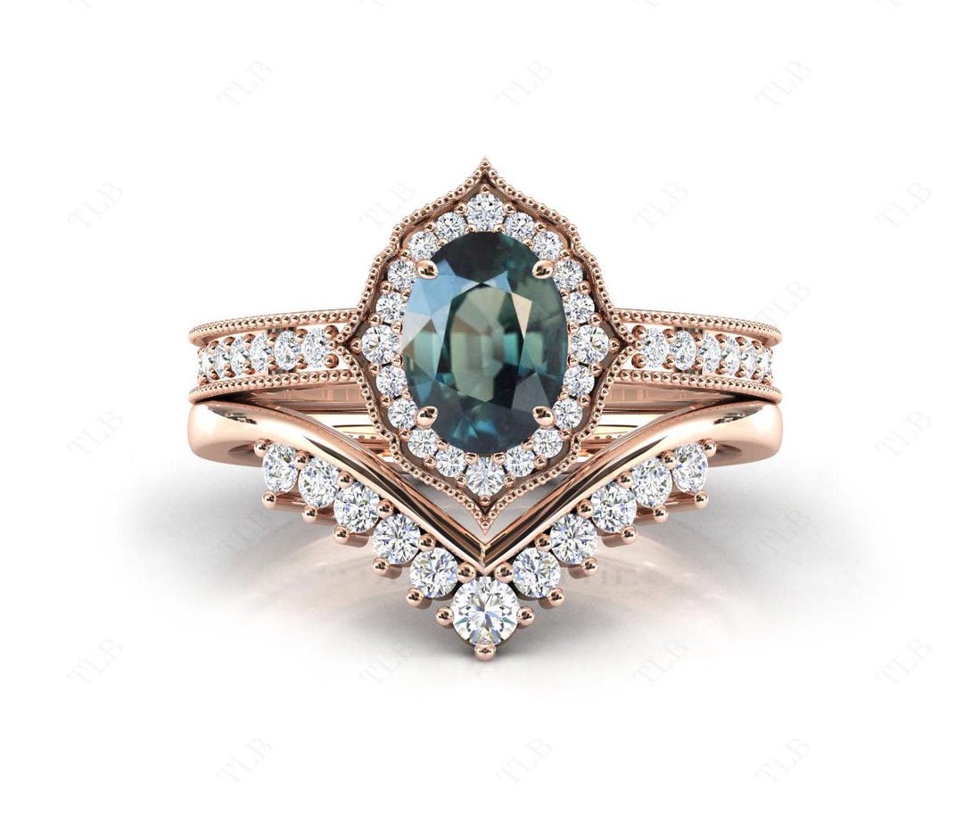 Unique Color Changing Gemstone Wedding Ring Set Vintage Teal Sapphire ...
