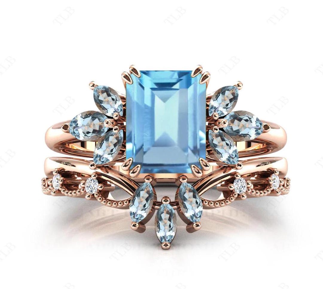 Art Deco Sky Blue Topaz Engagement Ring Set Vintage Emerald Cut Blue ...