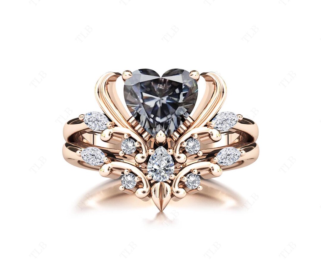 Heart Shaped Grey Spinel Engagement Ring Set Art Deco Grey Spinel ...
