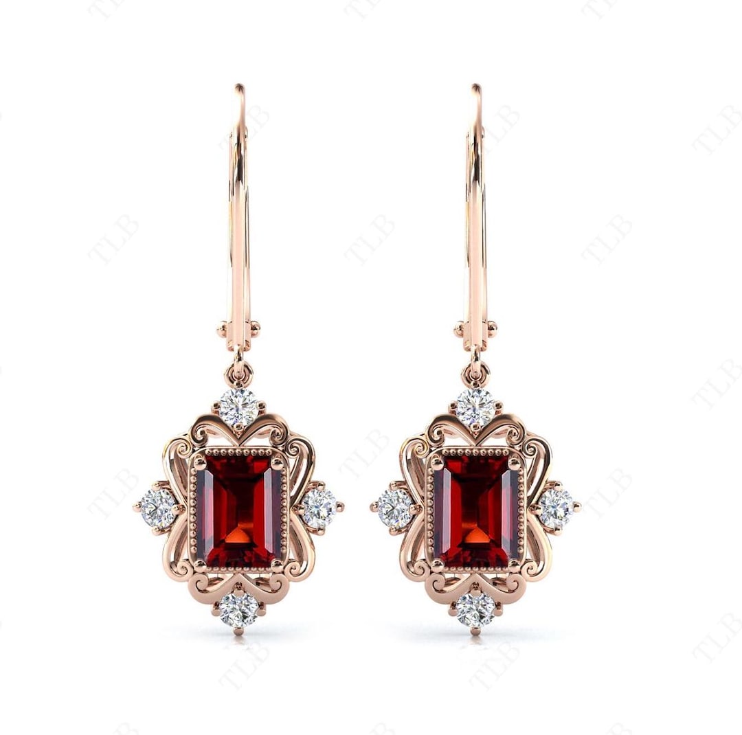 14k Gold Garnet Earrings for Women Art Deco Filigree Earrings Vintage Emerald Cut Garnet Wedding ...