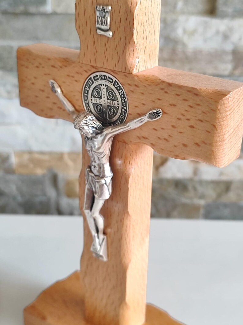 St Benedict Standing Cross Crucified Wood Table Crucifix Desk Gift - Etsy