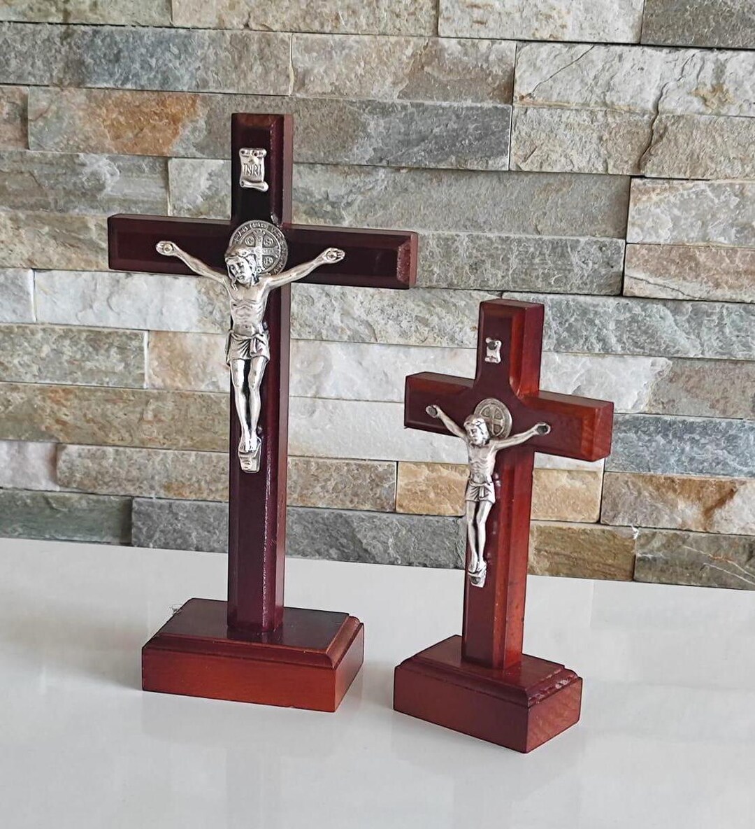 St Benedict Standing Cross Crucified Wood Table Crucifix Desk Gift - Etsy