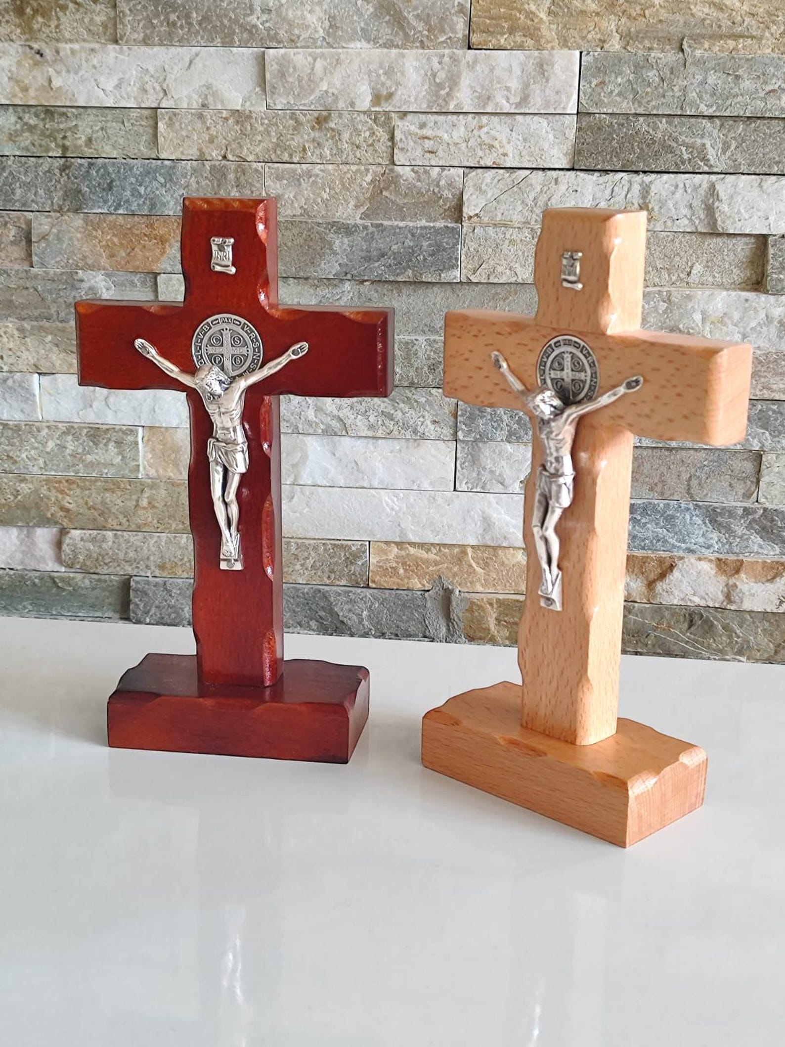 St Benedict Standing Cross Crucified Wood Table Crucifix Desk Gift - Etsy