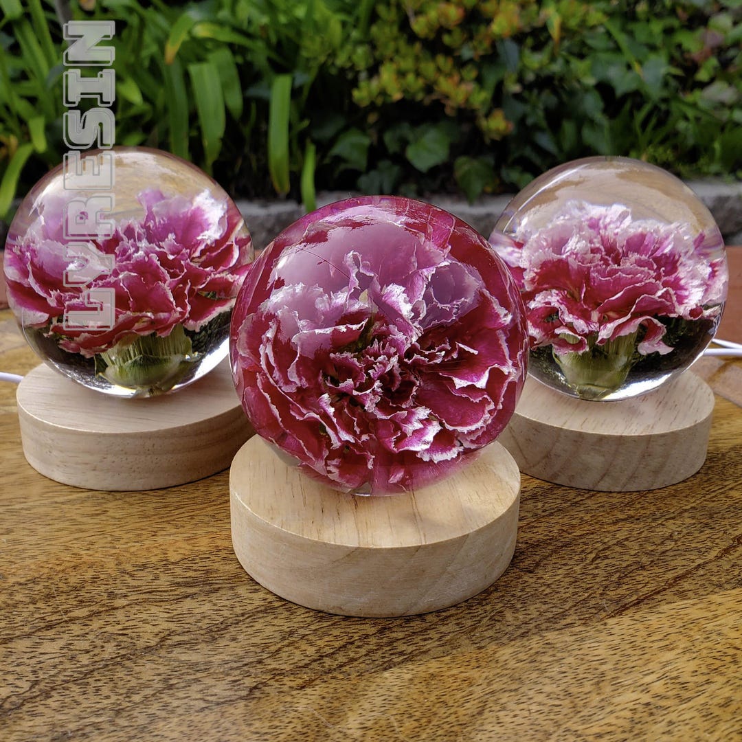 Pink Carnation Resin Sphere With Light Base Handmade Resin Craft With ...