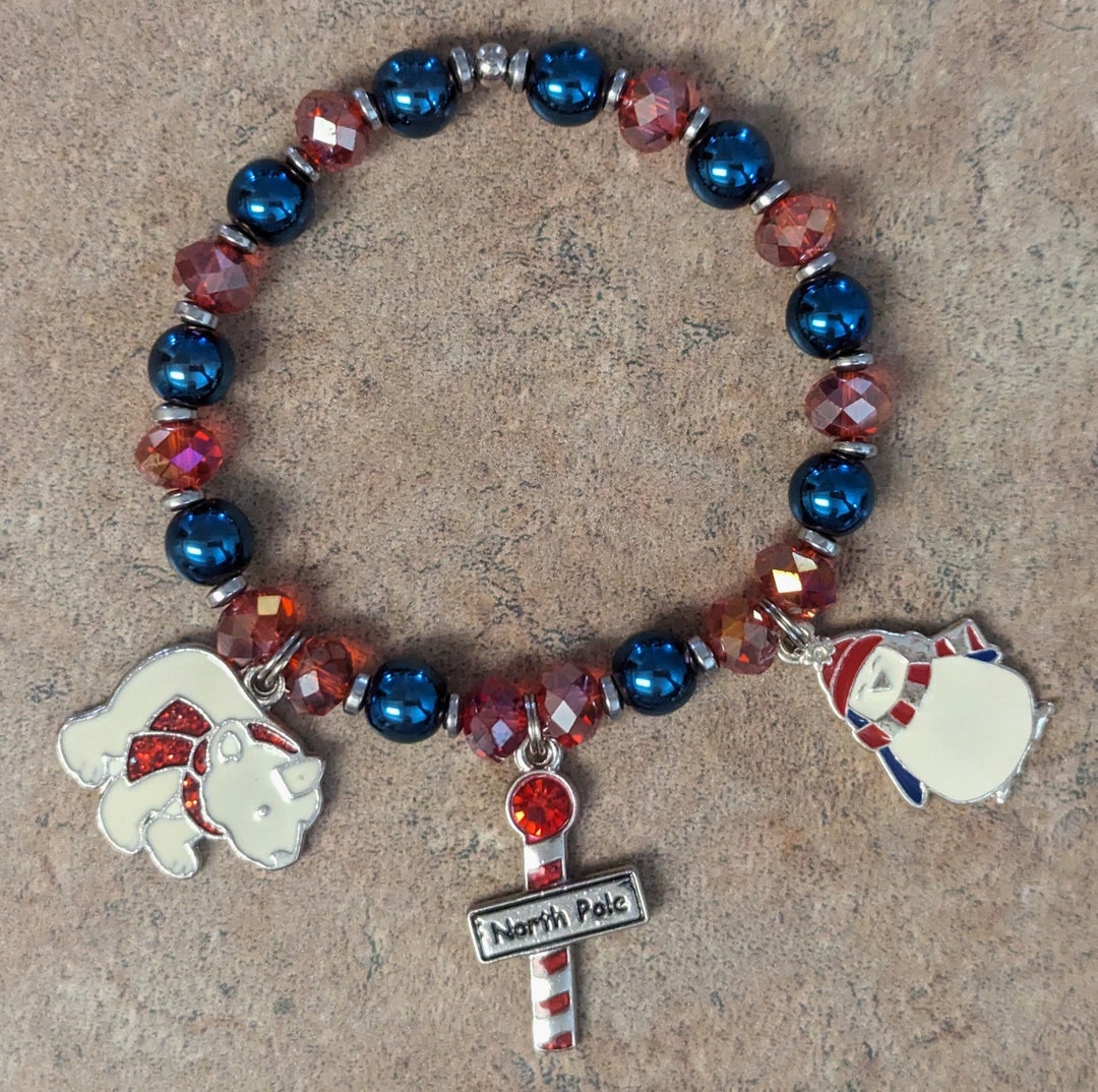 Christmas Emotional Support Charm Bracelet - Red Translucent and Polar Bear, North Pole, and ...