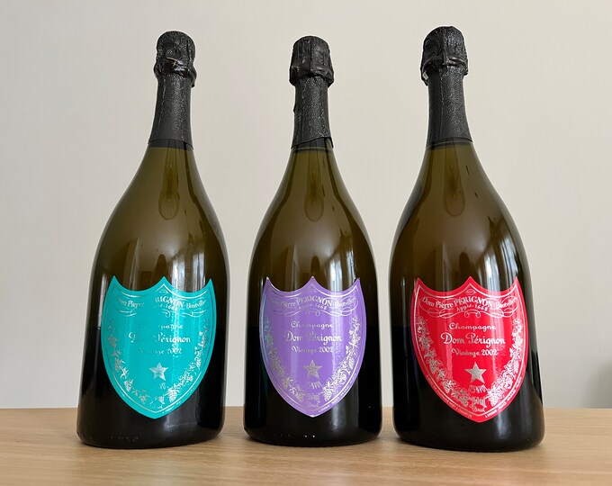 2002 Dom Perignon Andy Warhol 3 Bottles 0,75 Red, Violet, Emerald Green ...