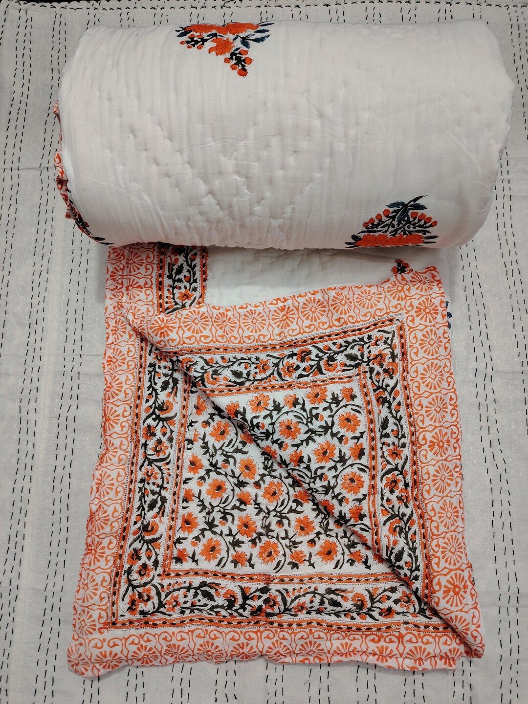 Indian Razai Reversible Quilt Kantha Jaipuri Hand Block Print Cotton ...