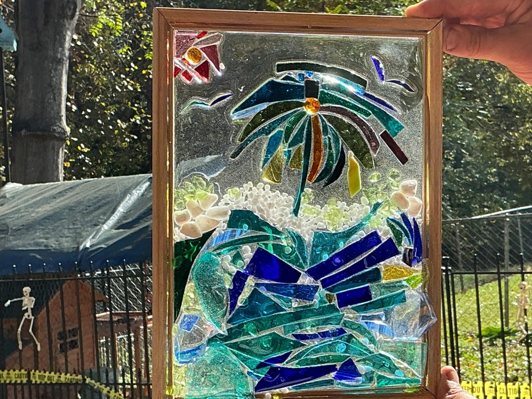 Tropical Palm Tree Glass Mosaic Art Handcrafted Transparent Fused