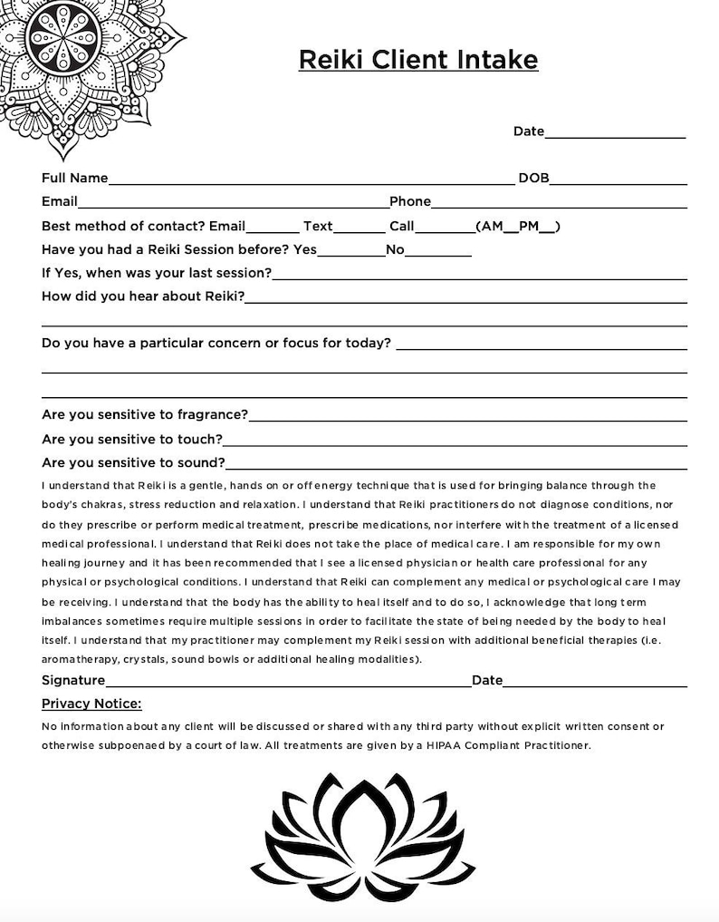 Reiki Intake Form - Etsy