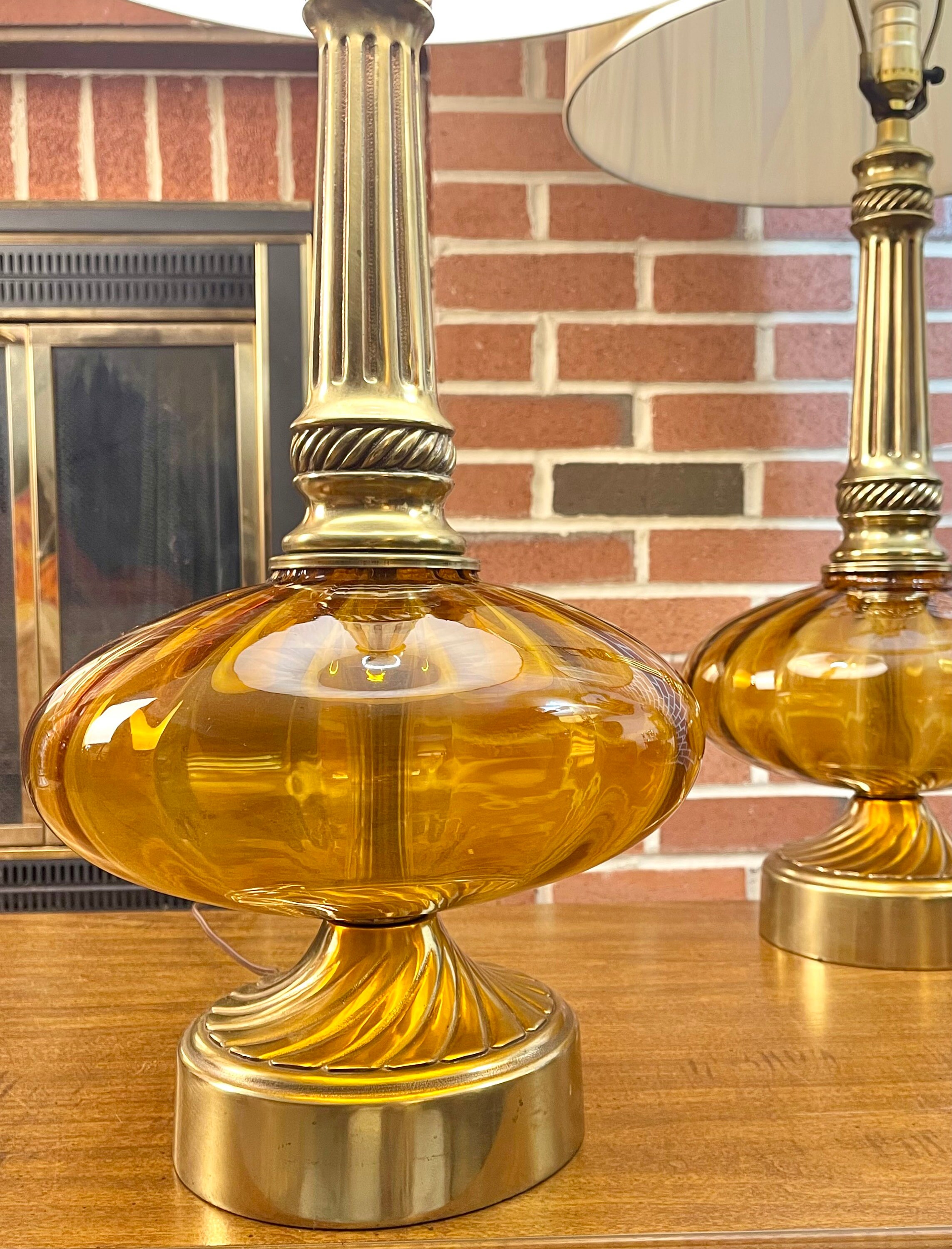 Pair, Large Set of Amber Glass and Brass Mid Century Table Lamps - Etsy
