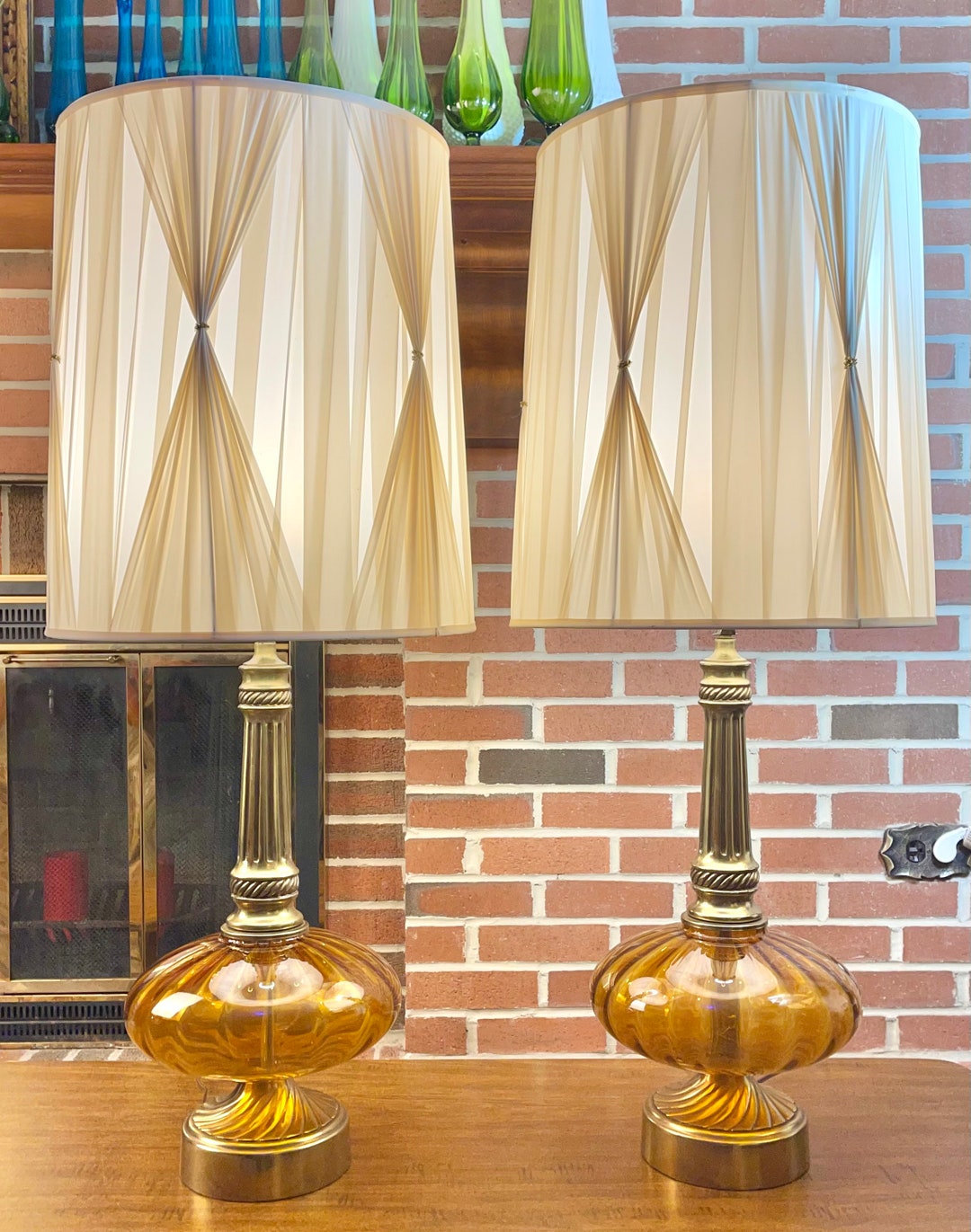 Pair, Large Set of Amber Glass and Brass Mid Century Table Lamps - Etsy