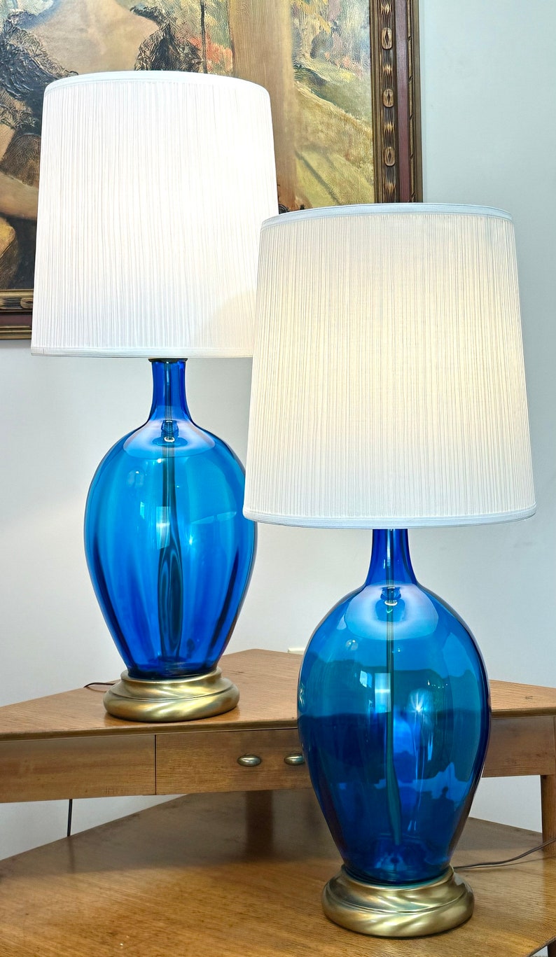 Blenko Blue Blown Glass, Art Glass, Large Table Lamps, Set of 2 With ...