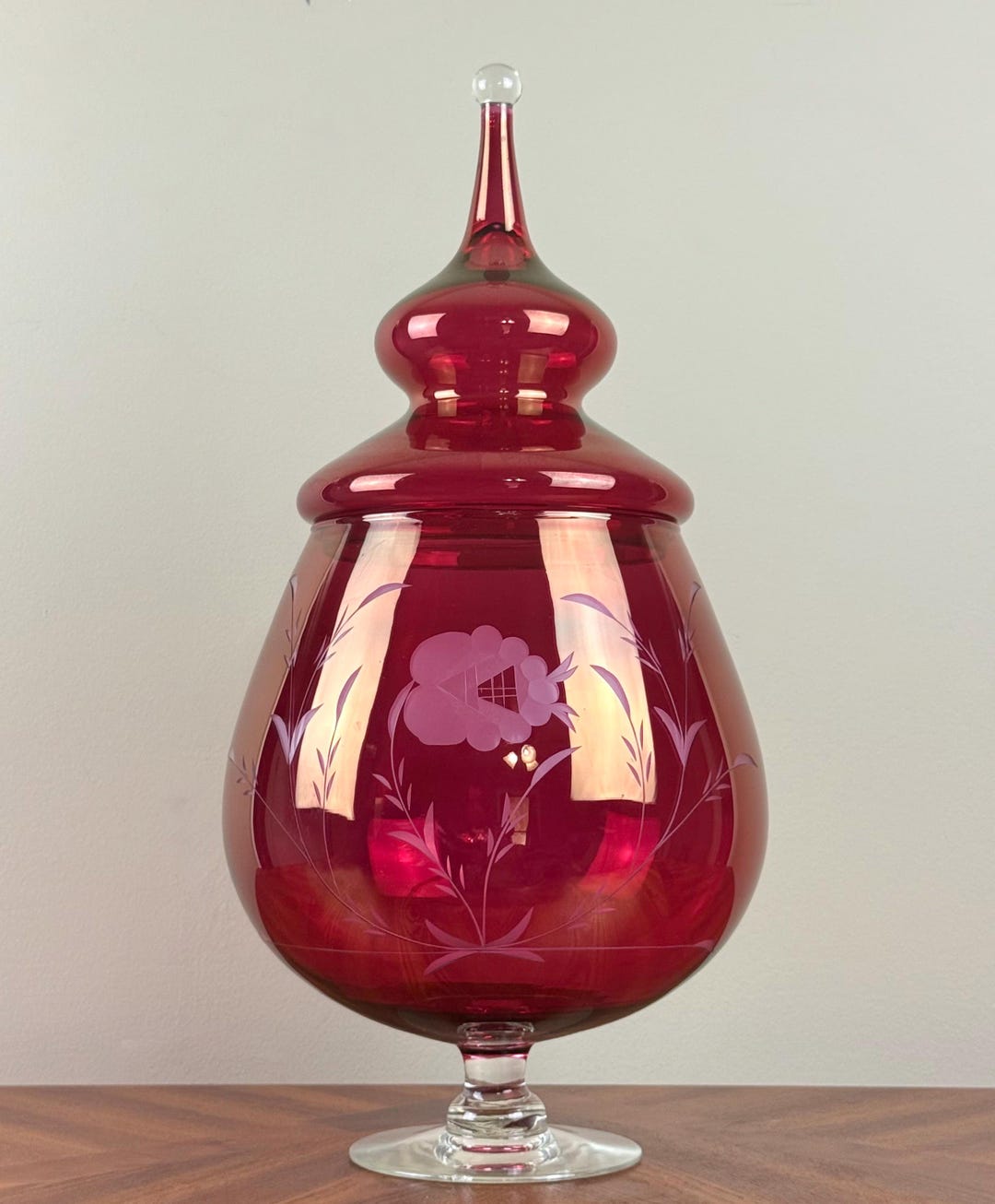 Bohemian Ruby Red Cut Glass 19” Tall Apothecary Jar: Etched Floral ...