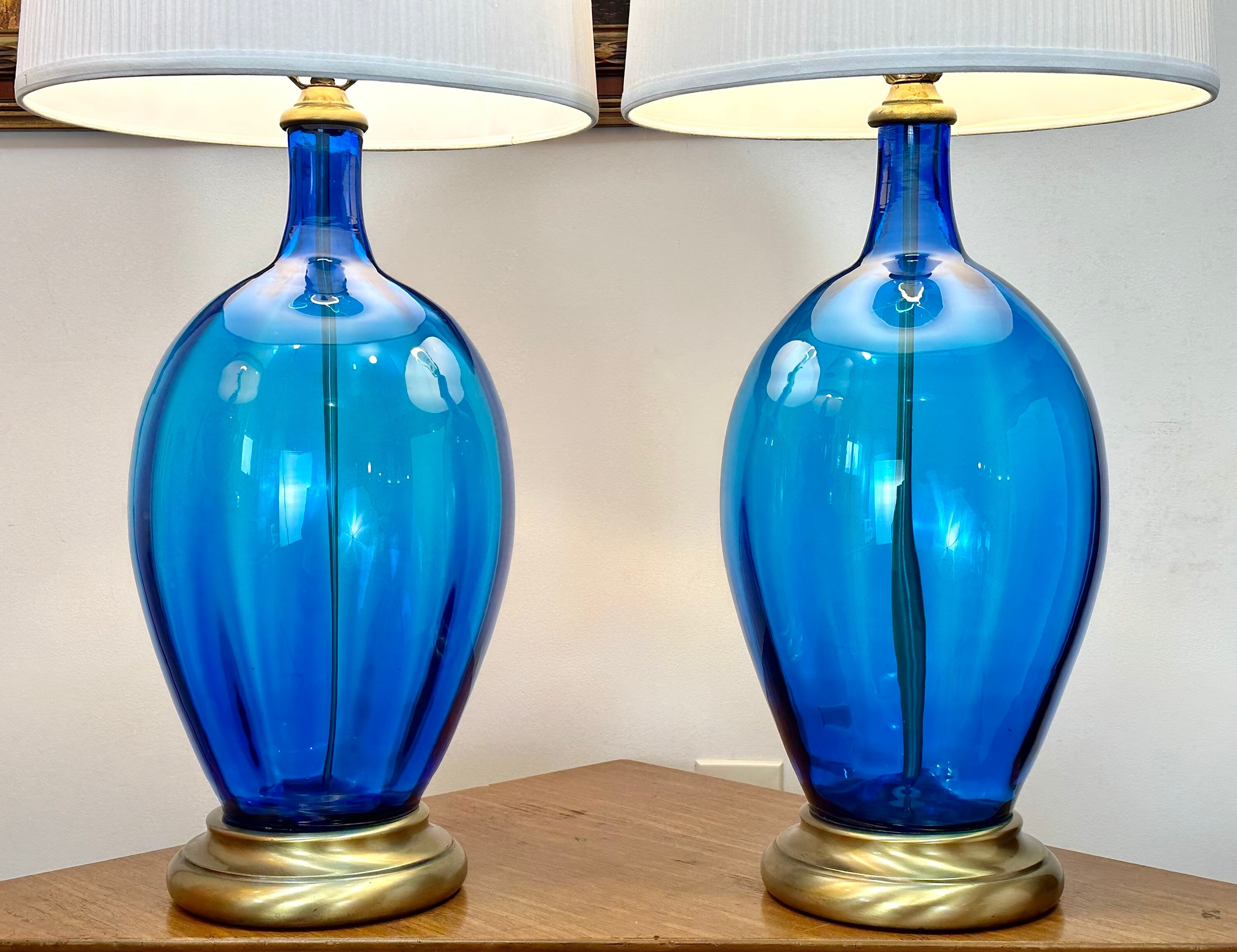 Blenko Blue Blown Glass, Art Glass, Large Table Lamps, Set of 2 With ...