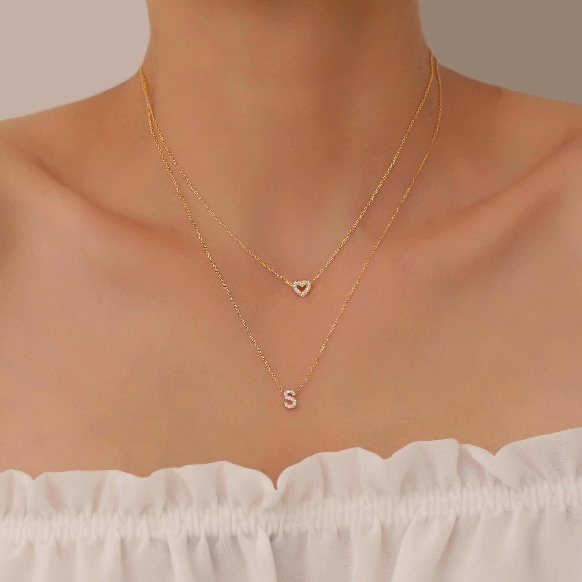 Custom Heart & Initial Necklace Dainty Double Chain With 3D Sparkling ...