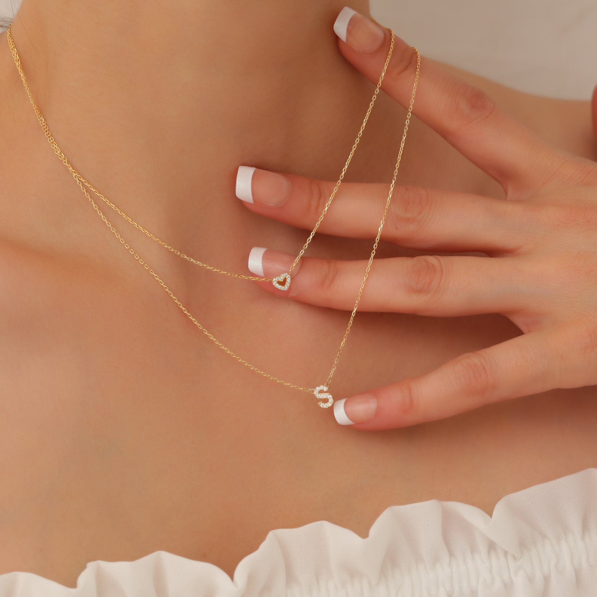 Custom Heart & Initial Necklace Dainty Double Chain With 3D Sparkling ...