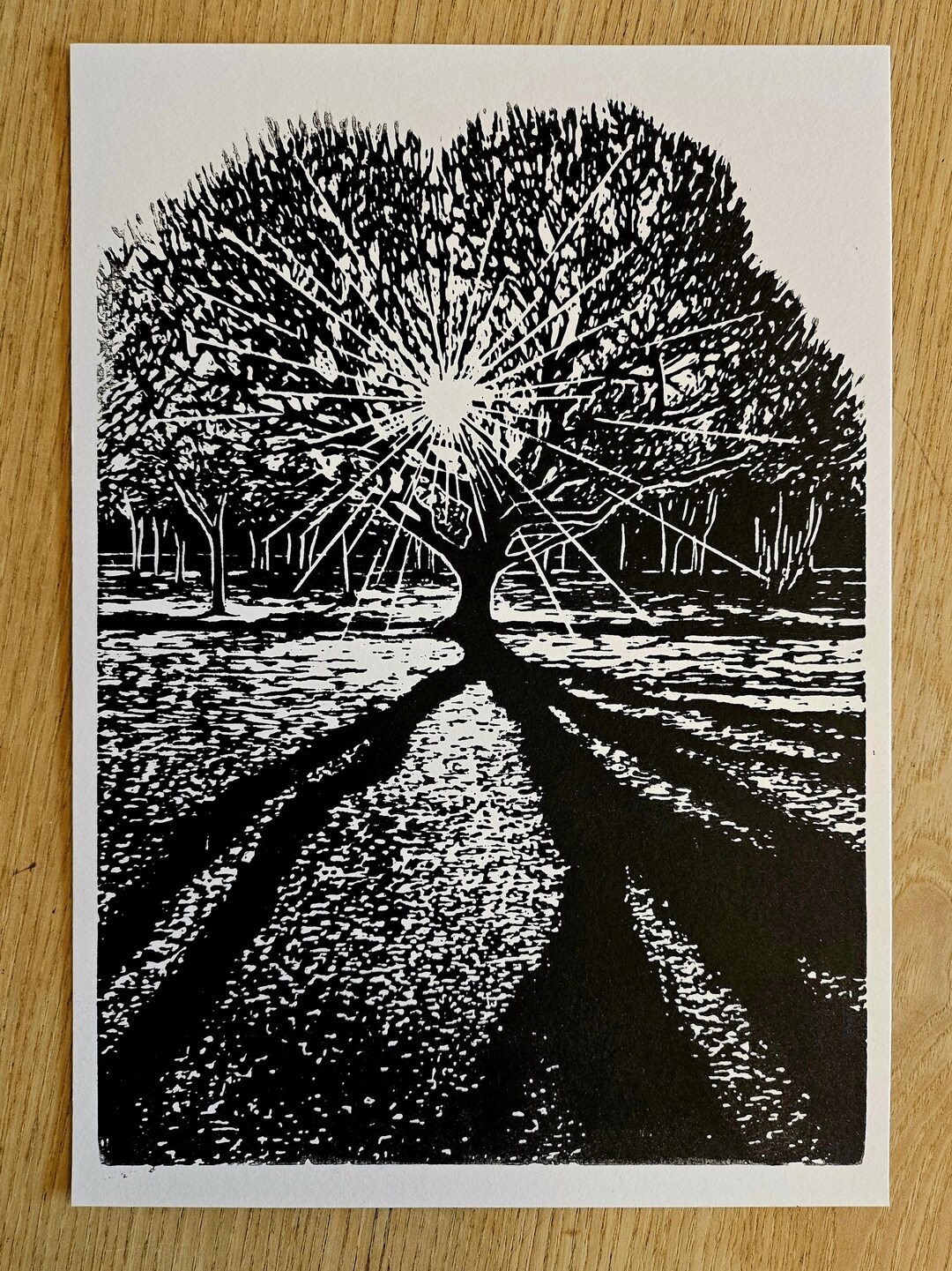 Sunrise Over the Heart-shaped Tree/lino Print/handmade/landscape/art ...