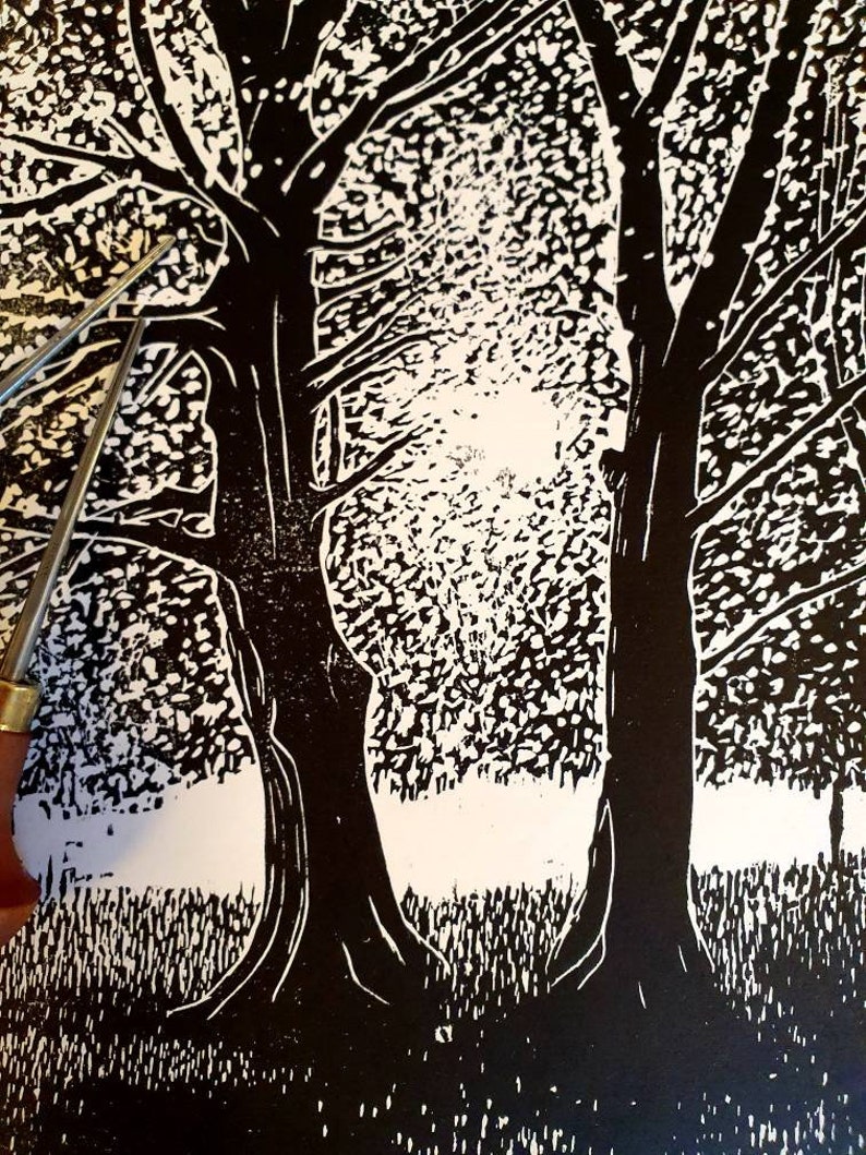 Tree Twins Linocut Print: Black and White Handmade Blockprint - Etsy