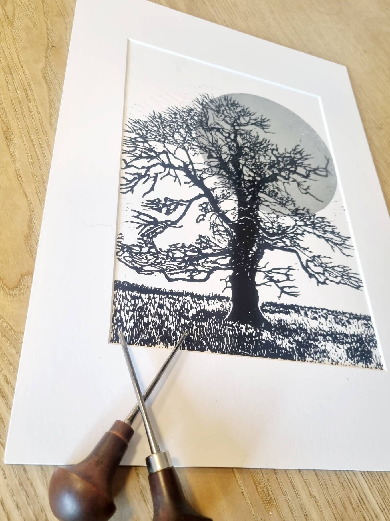 Oak Tree and the Big Moon Lino Print Black and White/linoprint ...