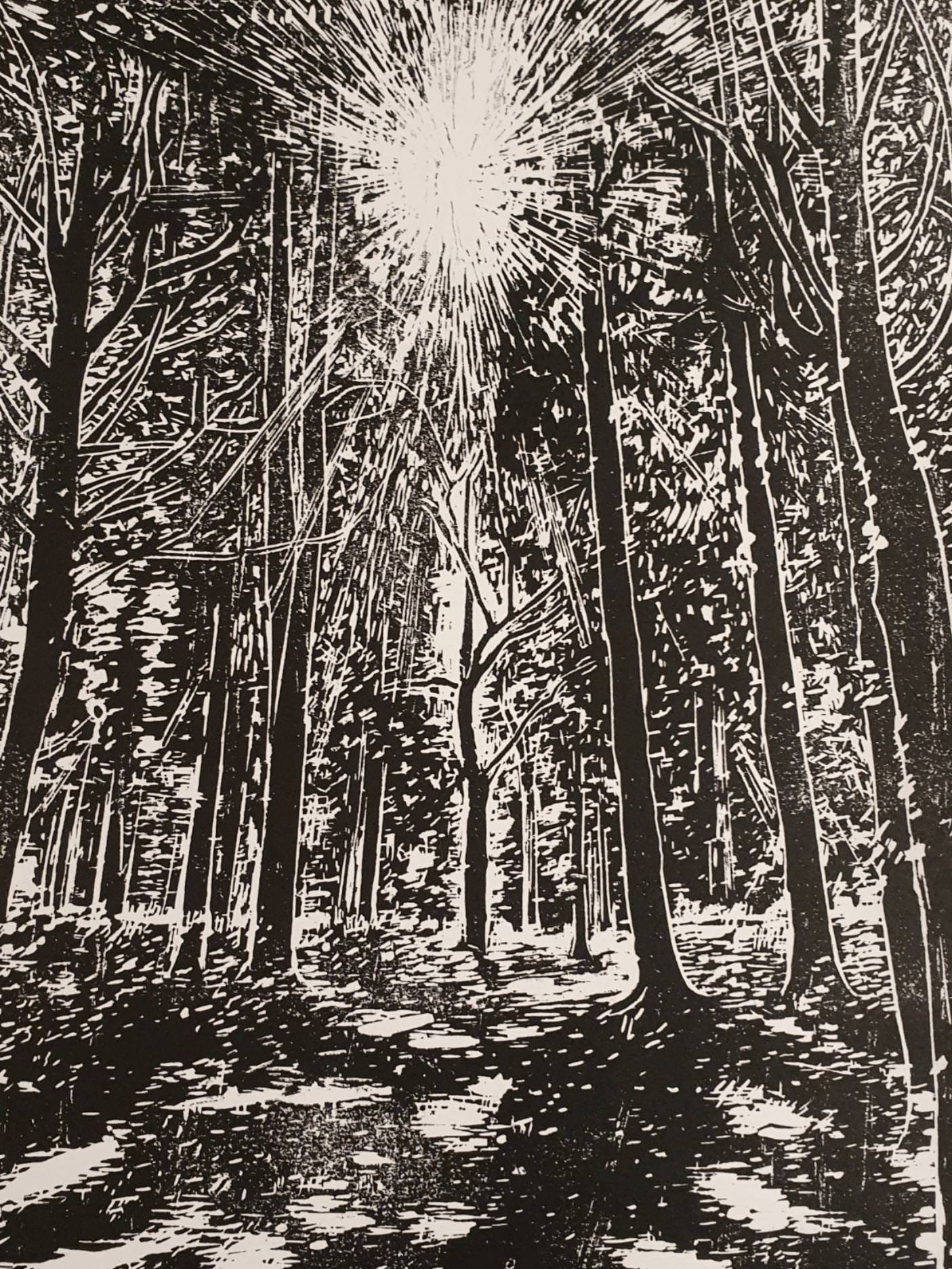 Sunburst Forest Linocut Print: Handmade Black & White Woodland Art - Etsy