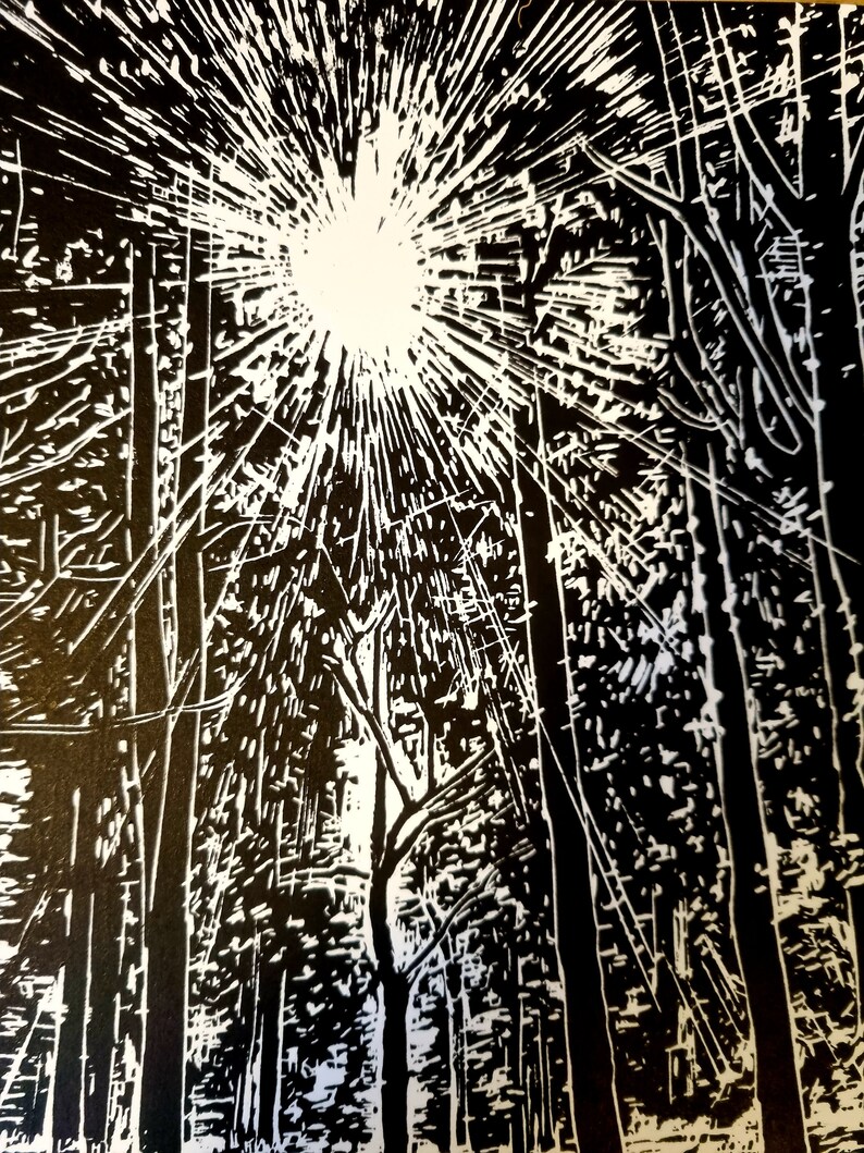 Sunburst Forest Linocut Print: Handmade Black & White Woodland Art - Etsy