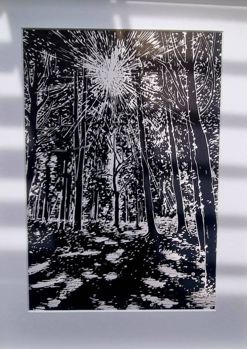 Sunburst Forest Linocut Print: Handmade Black & White Woodland Art - Etsy