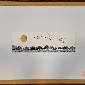 Panoramic Treescape With Flock of Birds/ Linocut Print/black and White ...