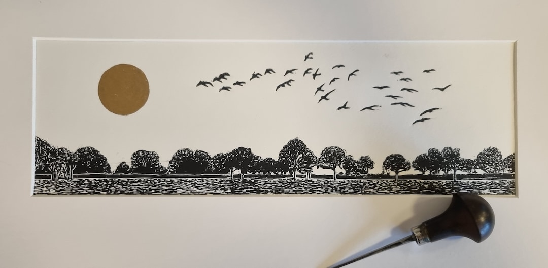 Panoramic Treescape With Flock of Birds/ Linocut Print/black and White ...