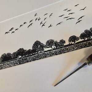 Panoramic Treescape With Flock of Birds/ Linocut Print/black and White ...
